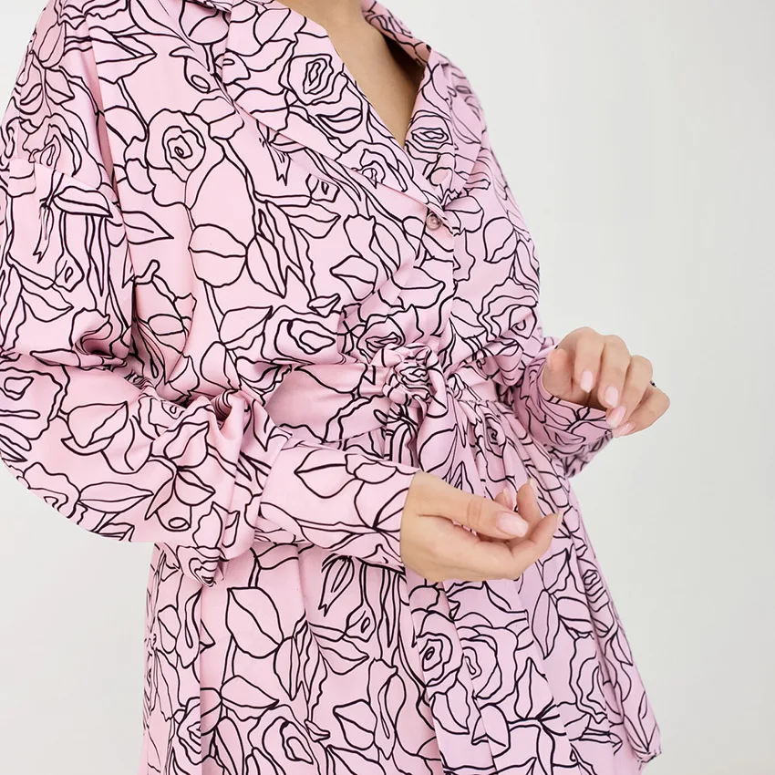 Spring Summer Feather Print Floral Drawstring Robe for Women