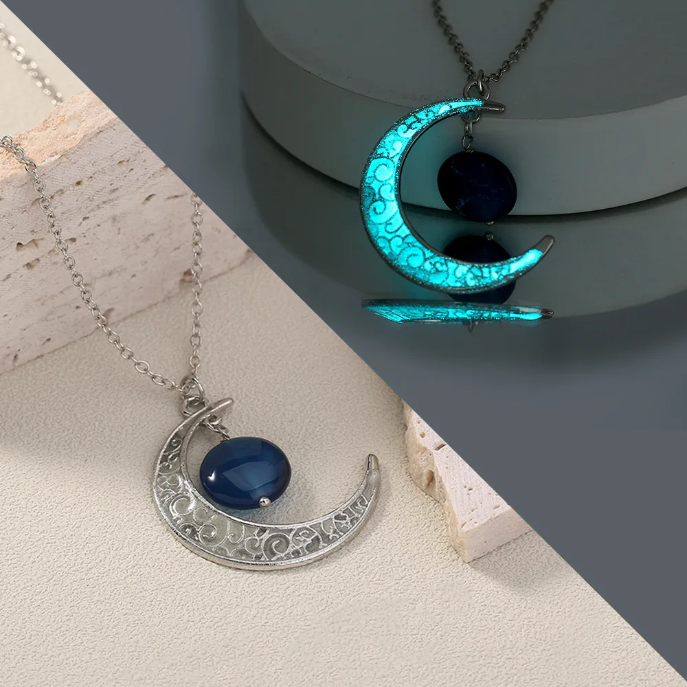 Luminous Moon Necklace Glowing Night Fluorescence Antique Punk Glow In The Dark Necklace For Men ...