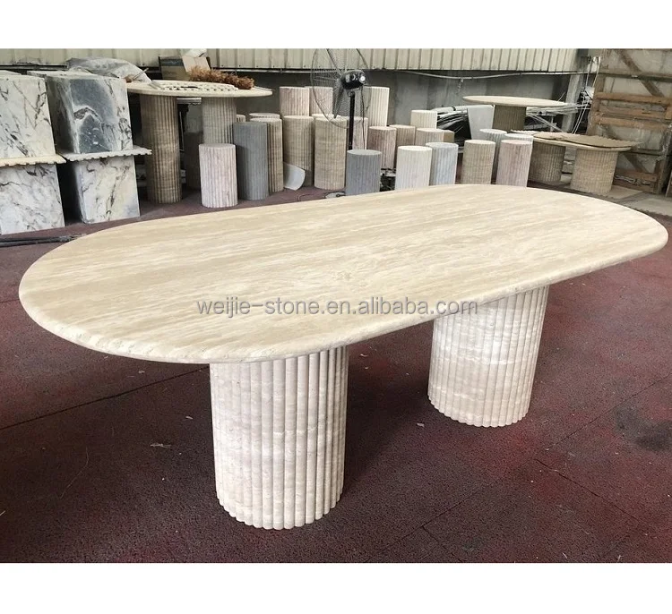 Beige Travertine Table with Column Base - Modern Style