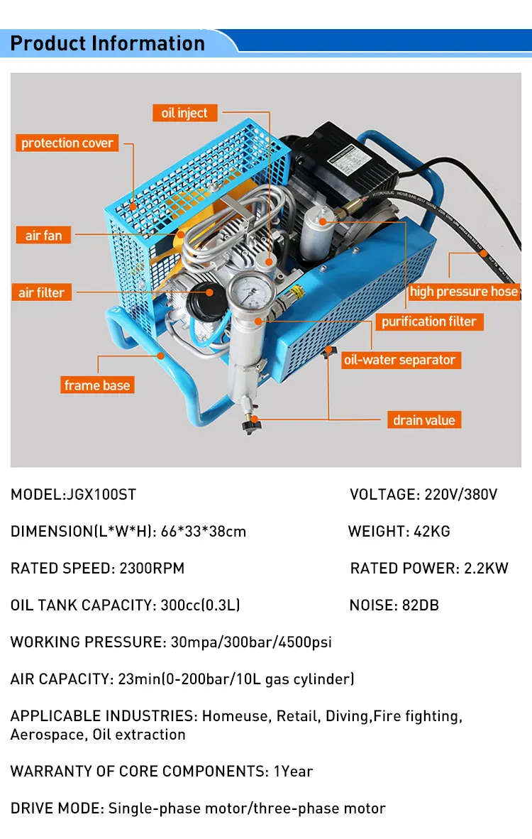 Auto Stop 100l/min 30mpa Breathing Air Compressor for Diving