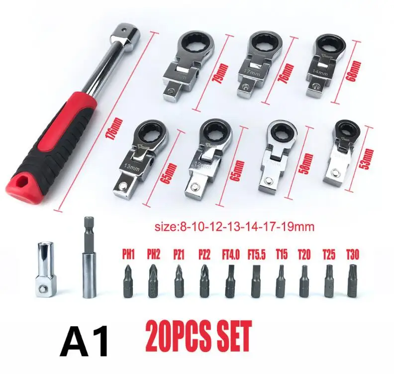Removable Head Ratchet Wrench Set Shaking Head Wrench 180 Degree Swivel ...