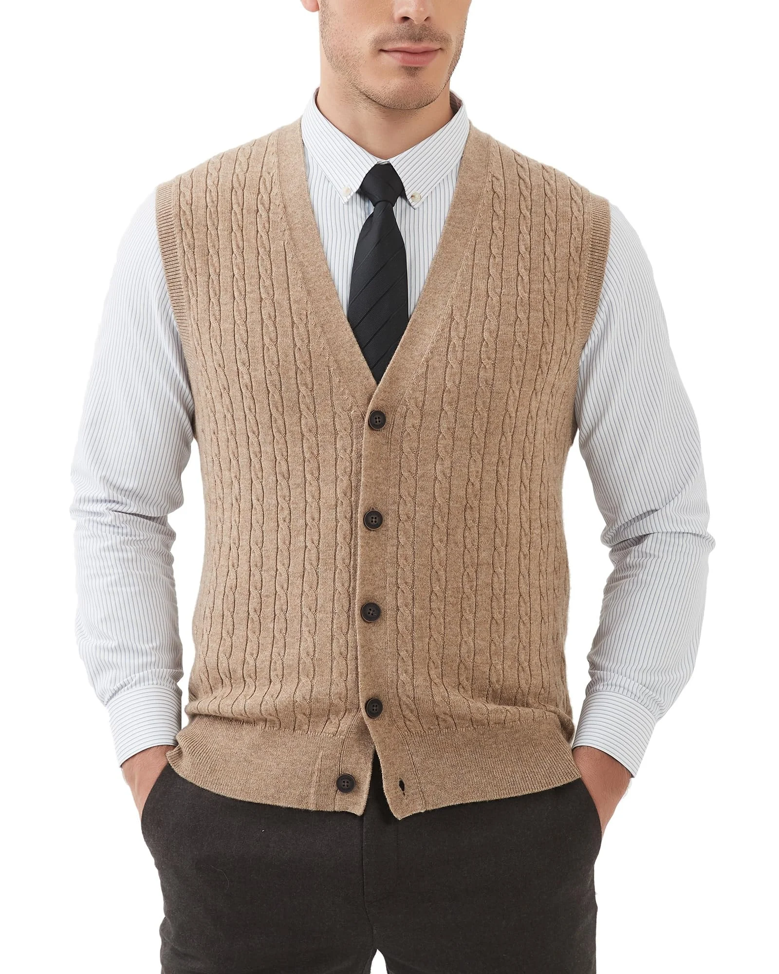 Custom Men's Cable Knit Sweater Vest Wool Blend V Neck Button Down ...