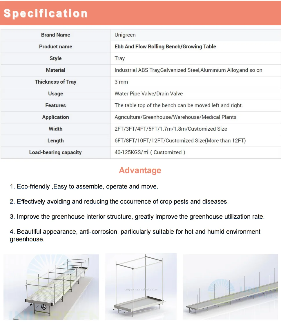 4x8 Flood Rolling Table Hang Net Greenhouse Ebb Flow Table Movable Grow ...