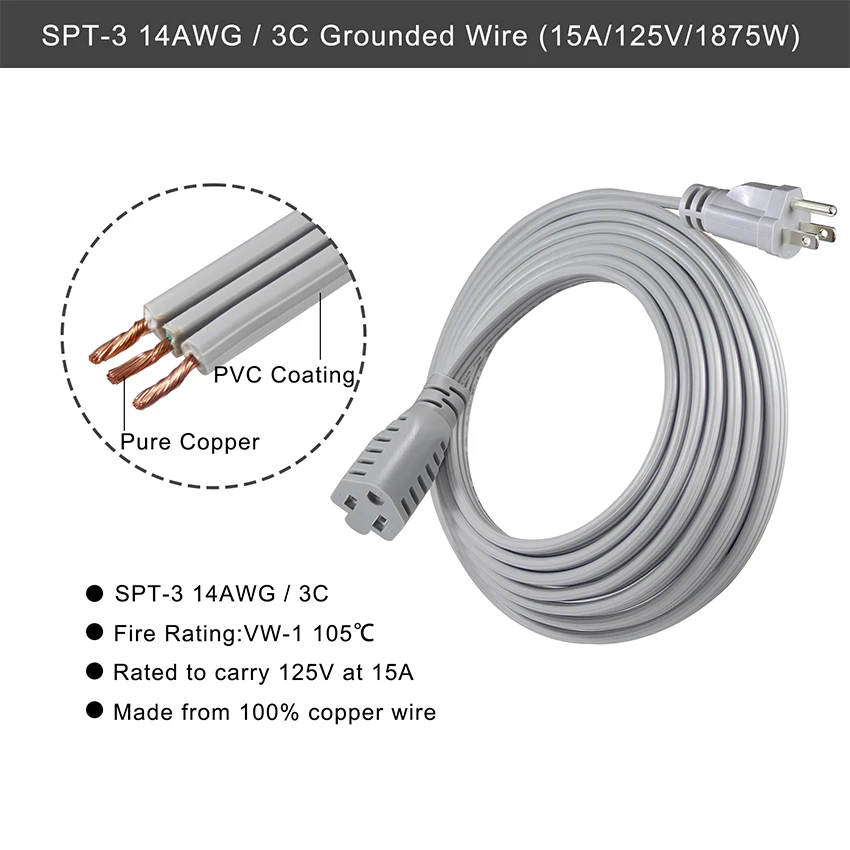 5-15p Flat Head To Nema 5-15r 30ft Appliance 8 Foot Long 3 Ft 15 Amp 25 ...