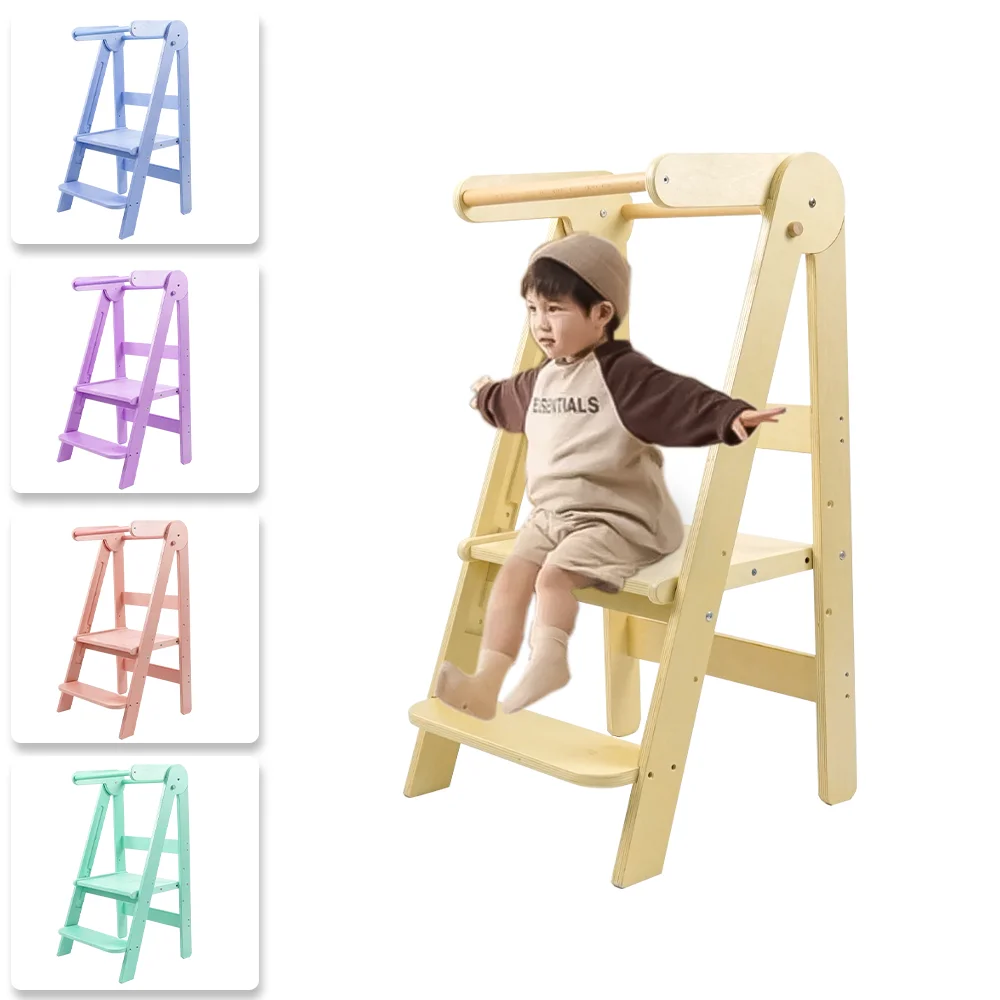 Wooden Fold Kitchen Stool Helper For Kids Toddler Adjustable Foldable ...