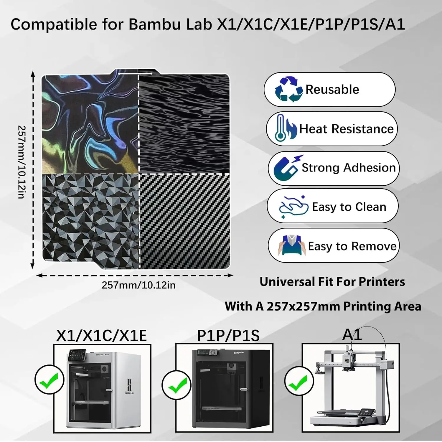 Build Plate for Bambu Lab X1/X1C/X1E/A1/P1P/P1S 257*257mm PEO+PET+Water Ripples+Silk Flexible ...