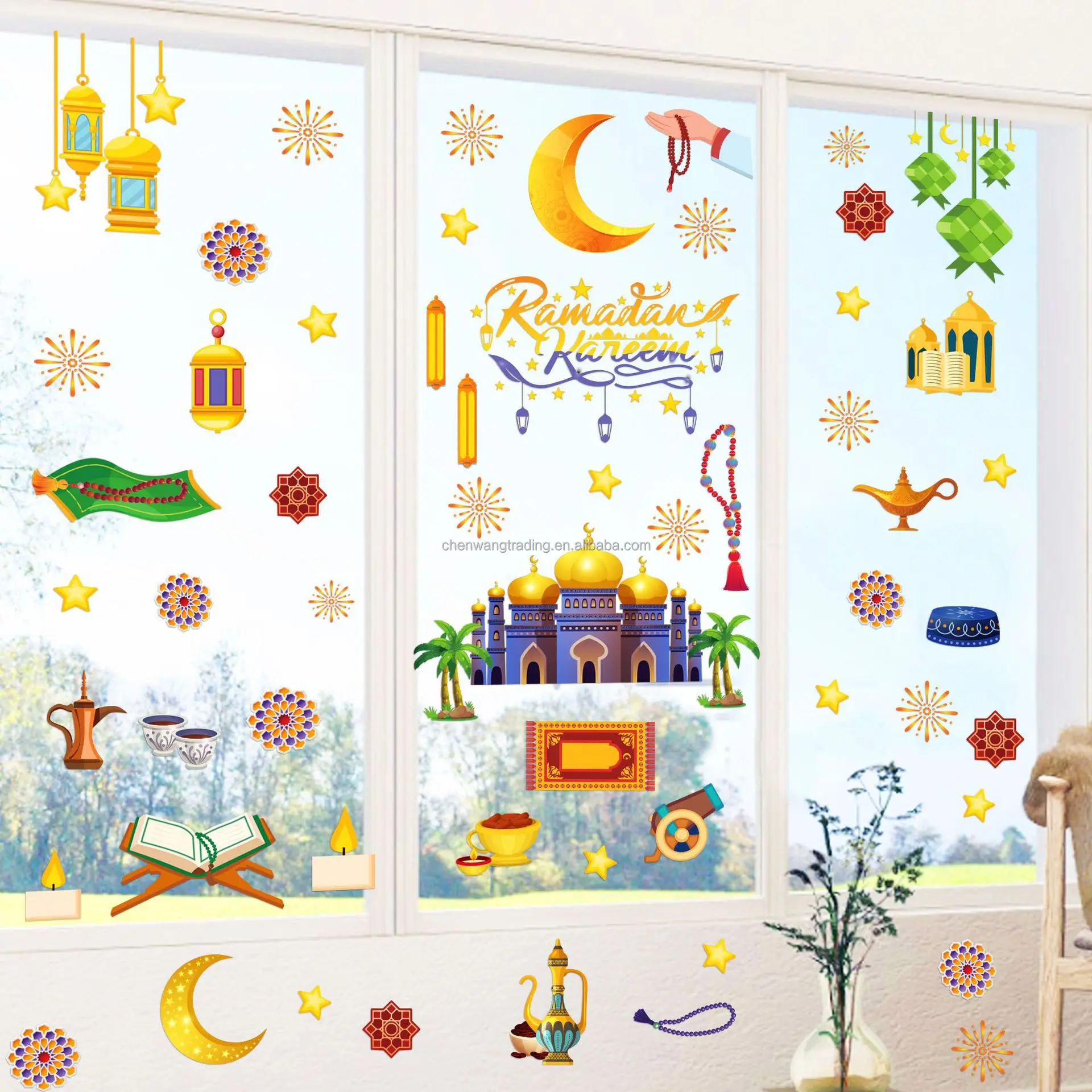 20x30cm 8 Sheets Ramadan Kareem Window Stickers Lantern Moon Window ...