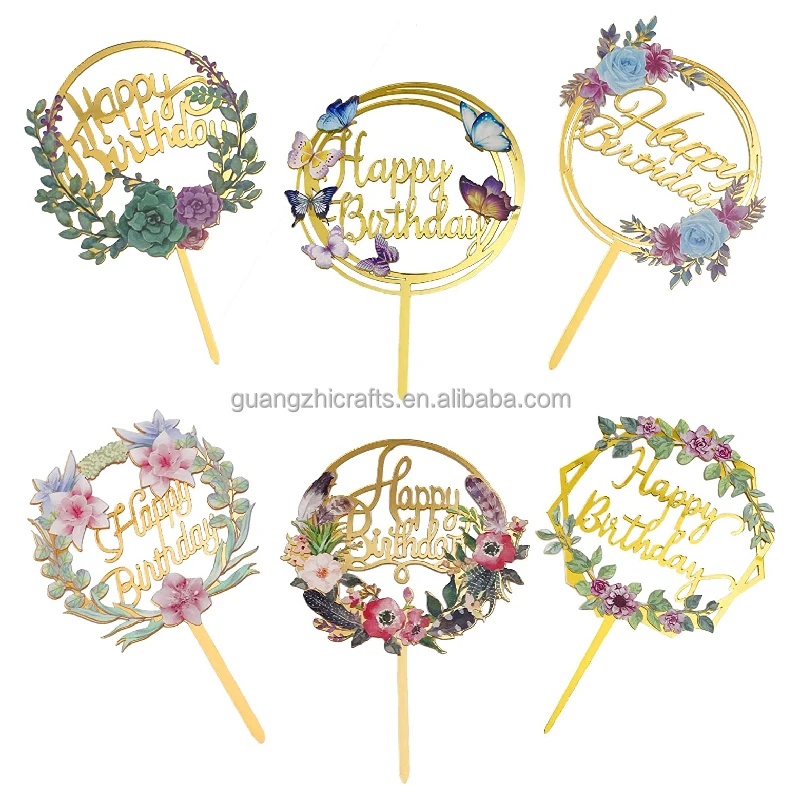 Gold Mirror Acrylic Topper Happy Birthday Acrylic Cake Topper Flower ...