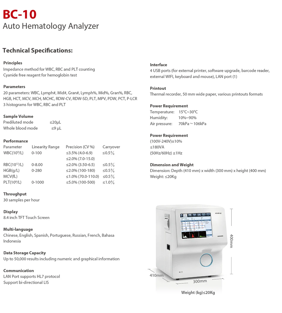 Mindray BC-10 CBC Machine - 3-Part Hematology Analyzer, Automated Blood ...