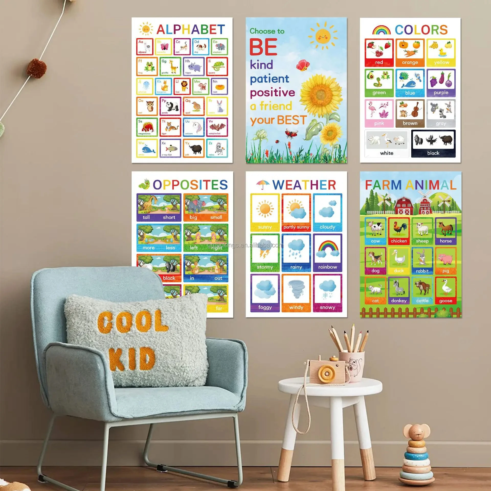 12 Pcs Children's English Educational Posters for Kindergarten