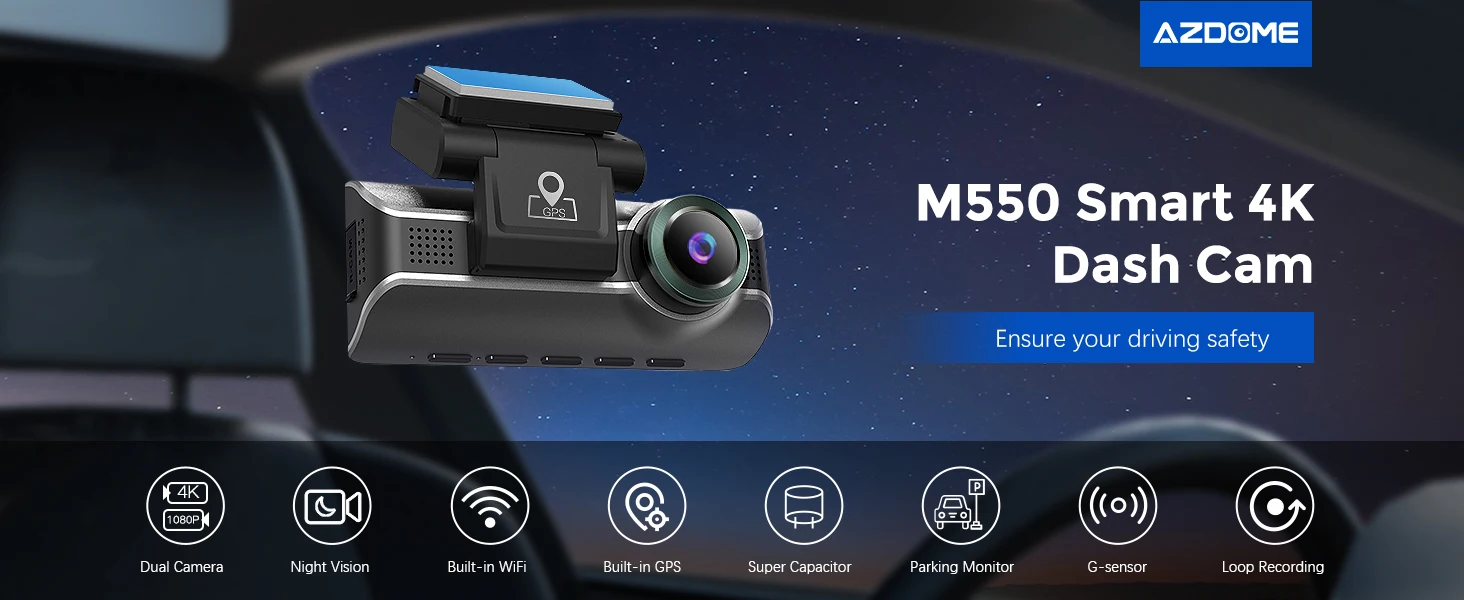 AZDOME M550 Pro-2ch Dual Dash Cam - 4K Front, 1080P Rear