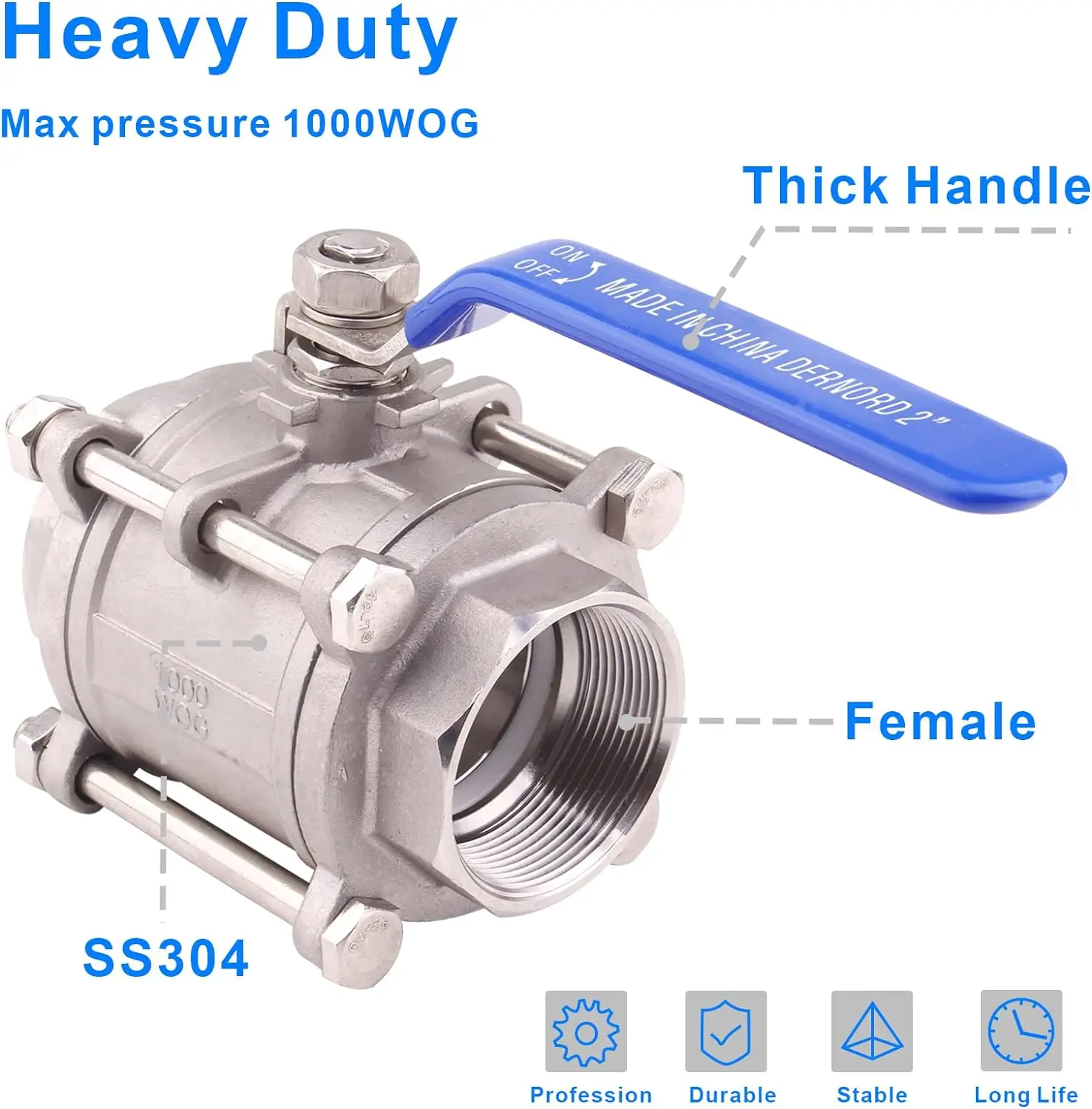 Ball Valve 2 Inch Npt Threaded - Stainless Steel 304 Female 3 Piece ...