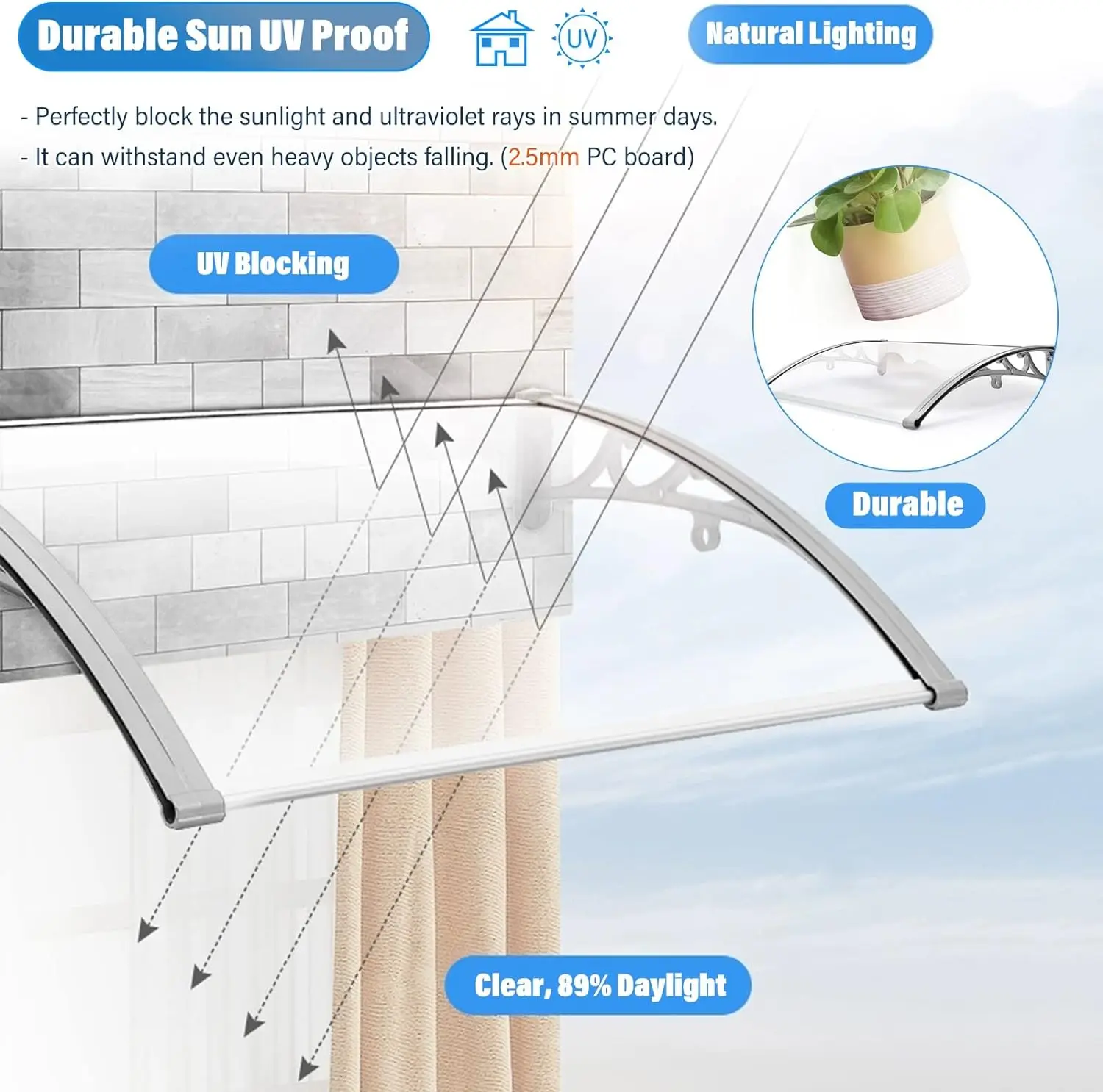 Door Overhang Awning with Gutter, Window Canopy Shade Rain Shelter with ...