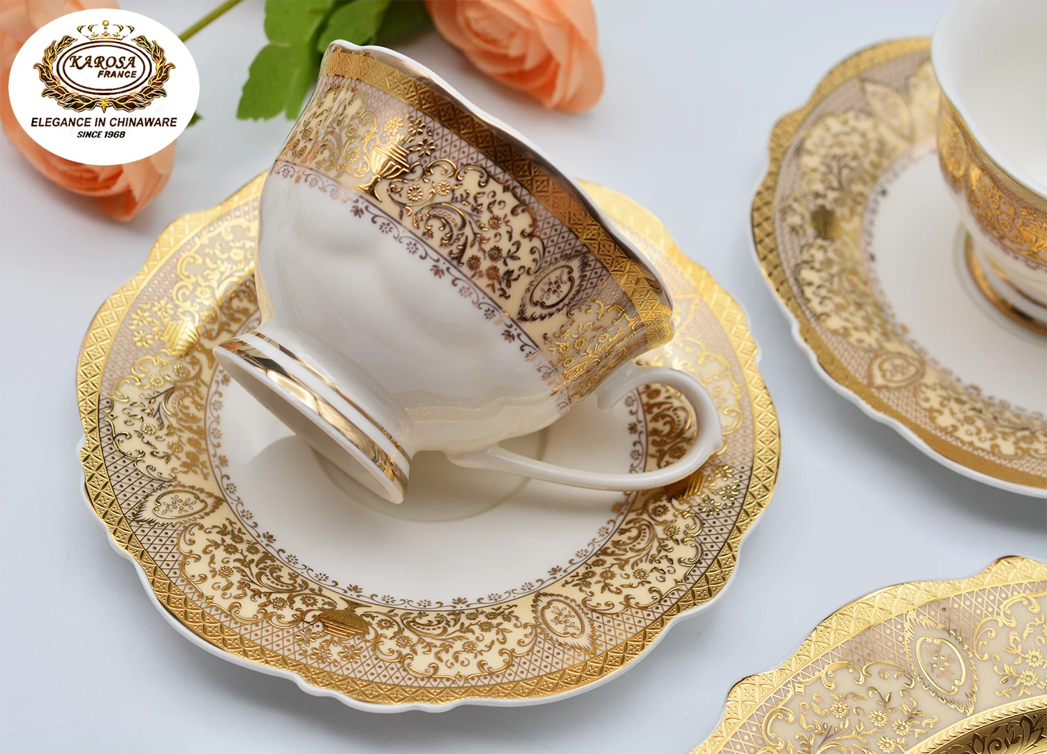 24K German Embossed Gold Bone China Dinner Set by KAROSA