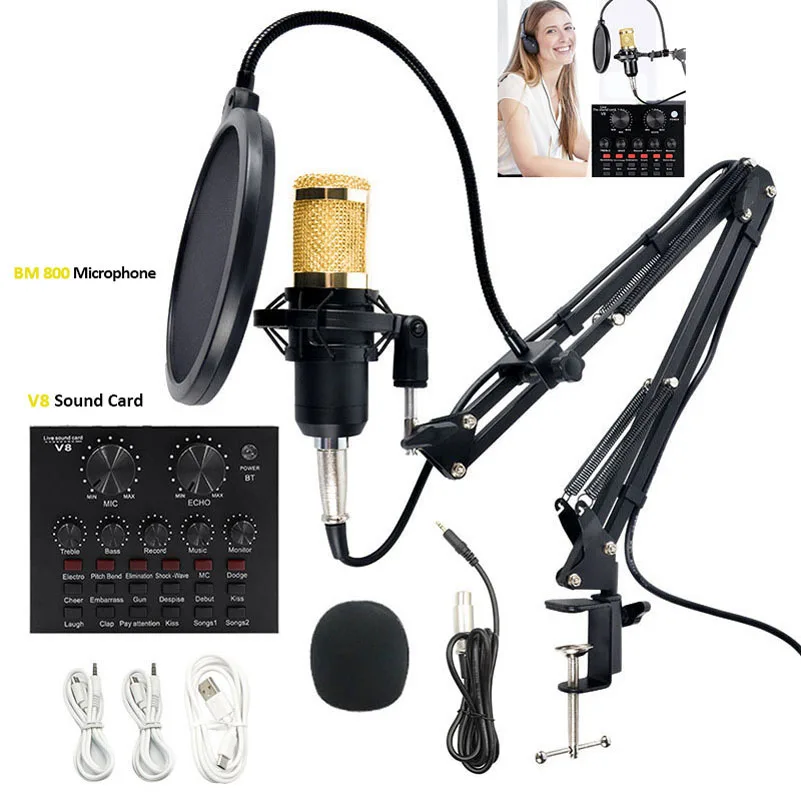 Yeah Bm 800 Studio Condenser Microphone Set With V8 Sound Card,Pop Filter For Podcast Singing ...