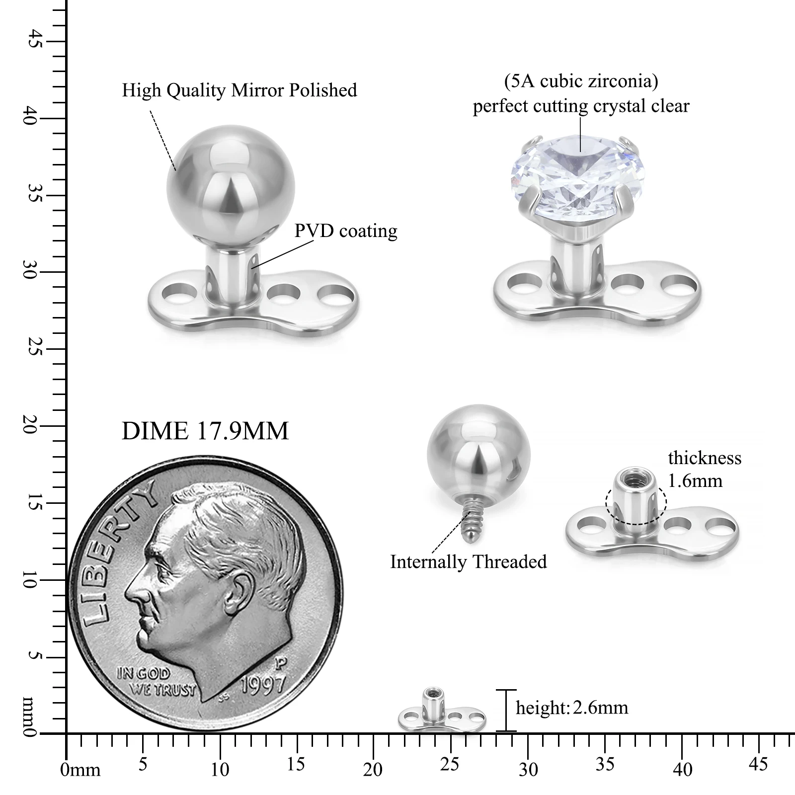 Titanium Internally Threaded Dermal Anchor With Gem Ends - Oem