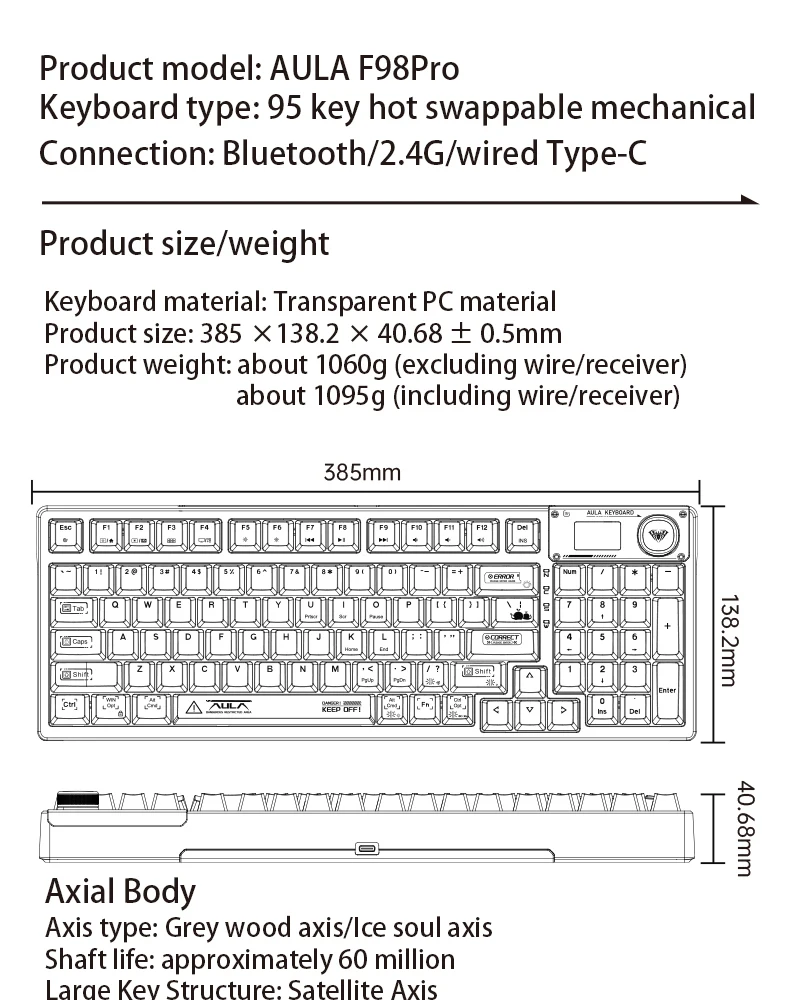 AULA F98PRO Custom PBT Wireless RGB Blue Backlit Keyboard