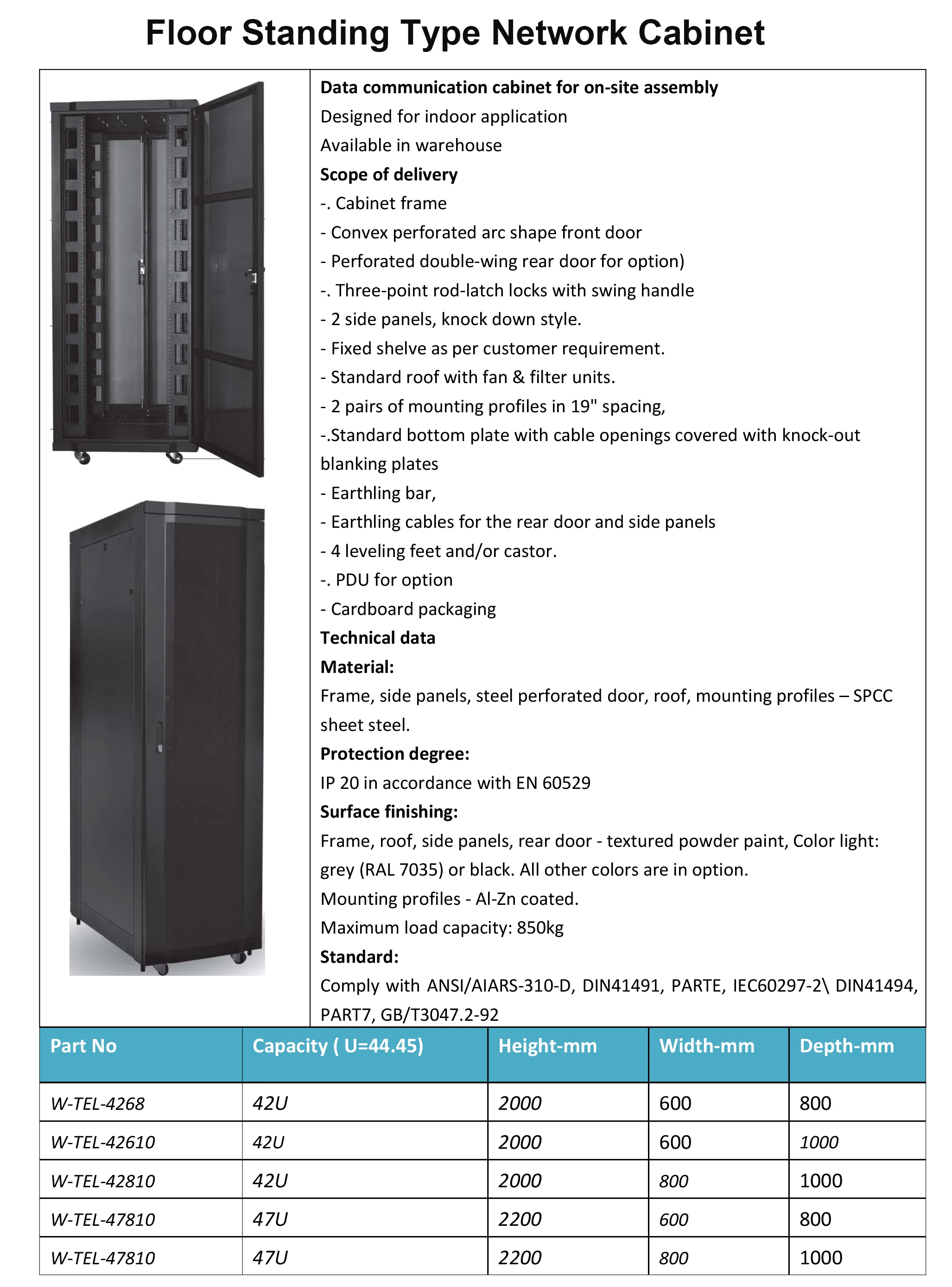 W-tel 6u 12u 9u 25u 36u 42u 47u 52u Indoor Outdoor 19inch Network ...