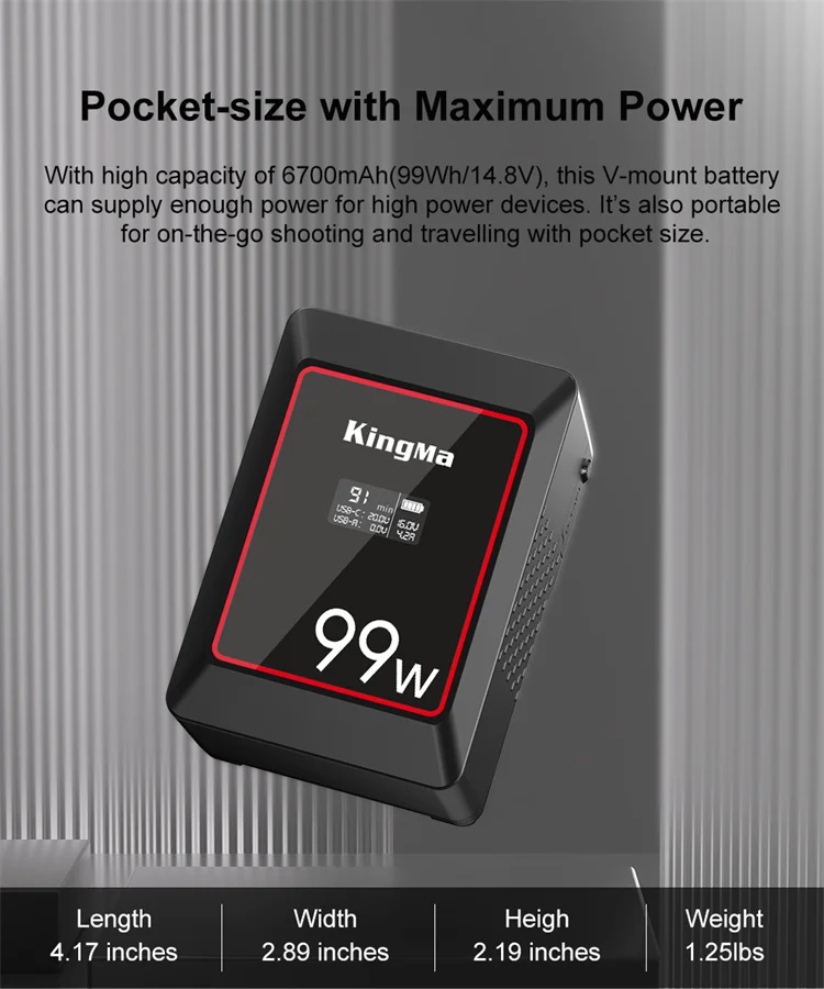 Kingma 99wh V Mount V Lock Battery - 6700mah Rechargeable