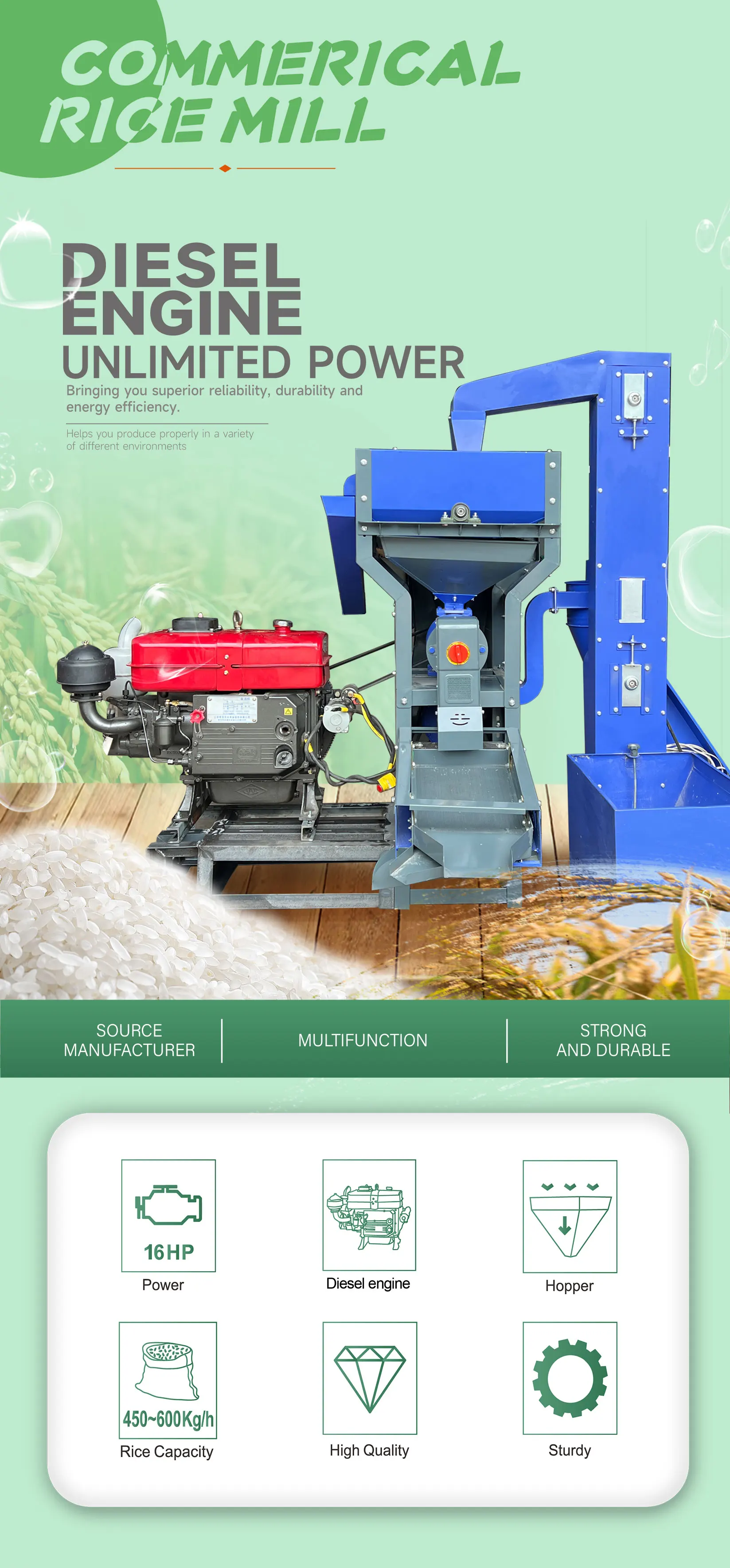 Backbone Machinery 4 in 1 Rice Milling Machine - 16HP Diesel Engine