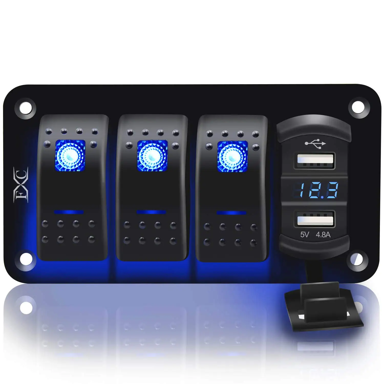 3 Gang Rocker Switch Aluminum Panel with Voltmeter and Dual USB(4.8 Amp ...