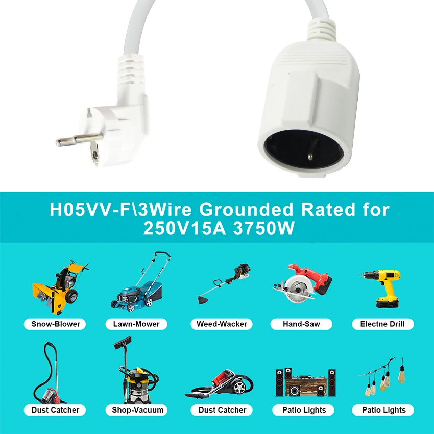 2.5m 16a 250v 3 Prong Ac Power Wall Cord European Plug Wire Cable White ...