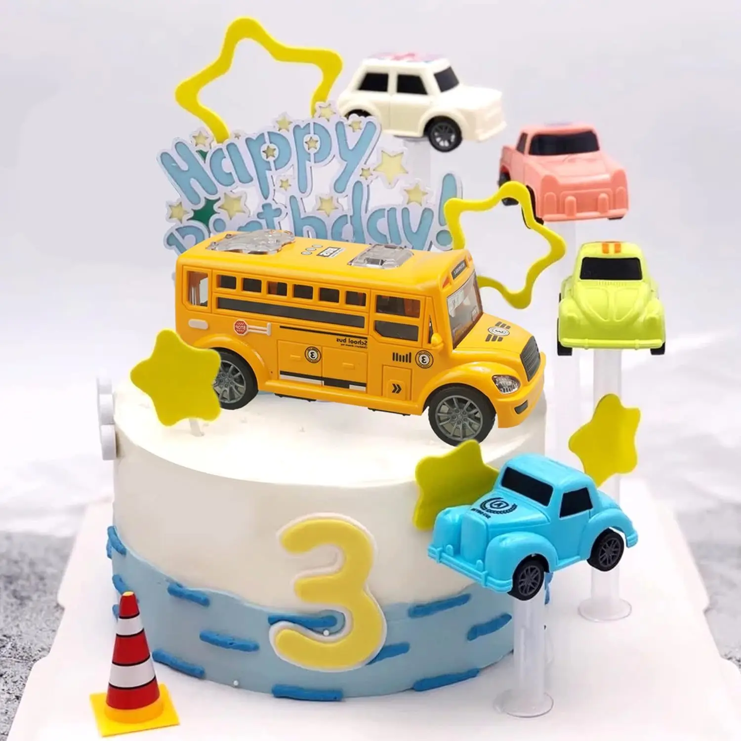 Car Cake Topper School Bus Vehicles Windmill Happy Birthday Cake ...