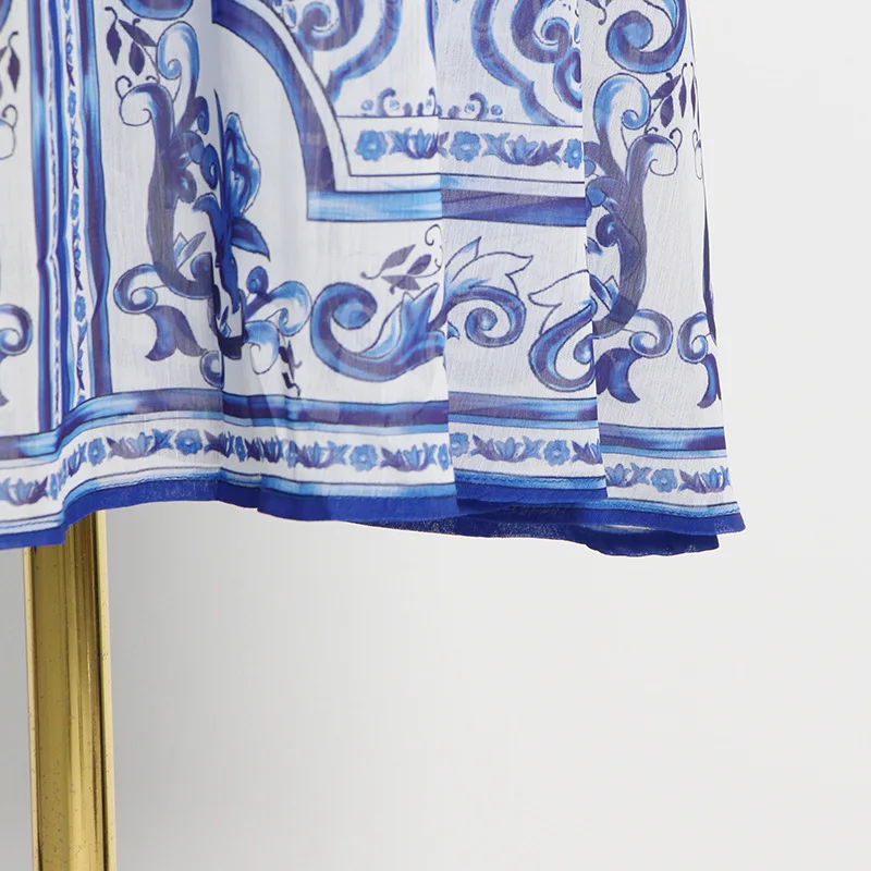 Fashion Style Blue And White Porcelain Dress Round Neck Long Sleeve ...