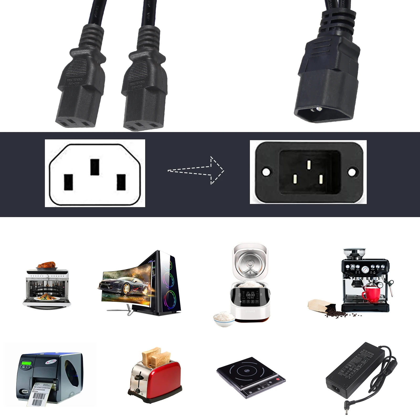 Iec 60320 Extension Cord 3pin Female Y Split Power Cable C14 Male To 2x