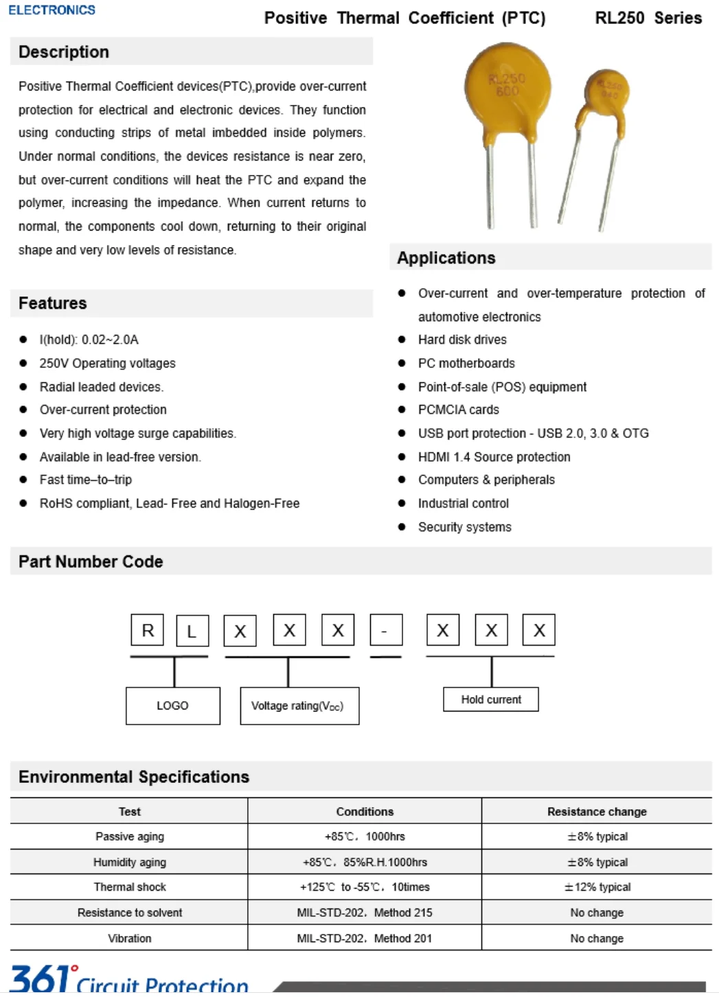 Ptc Positive Thermal Coefficient Ptc Rl250-600 Over Current Protection ...
