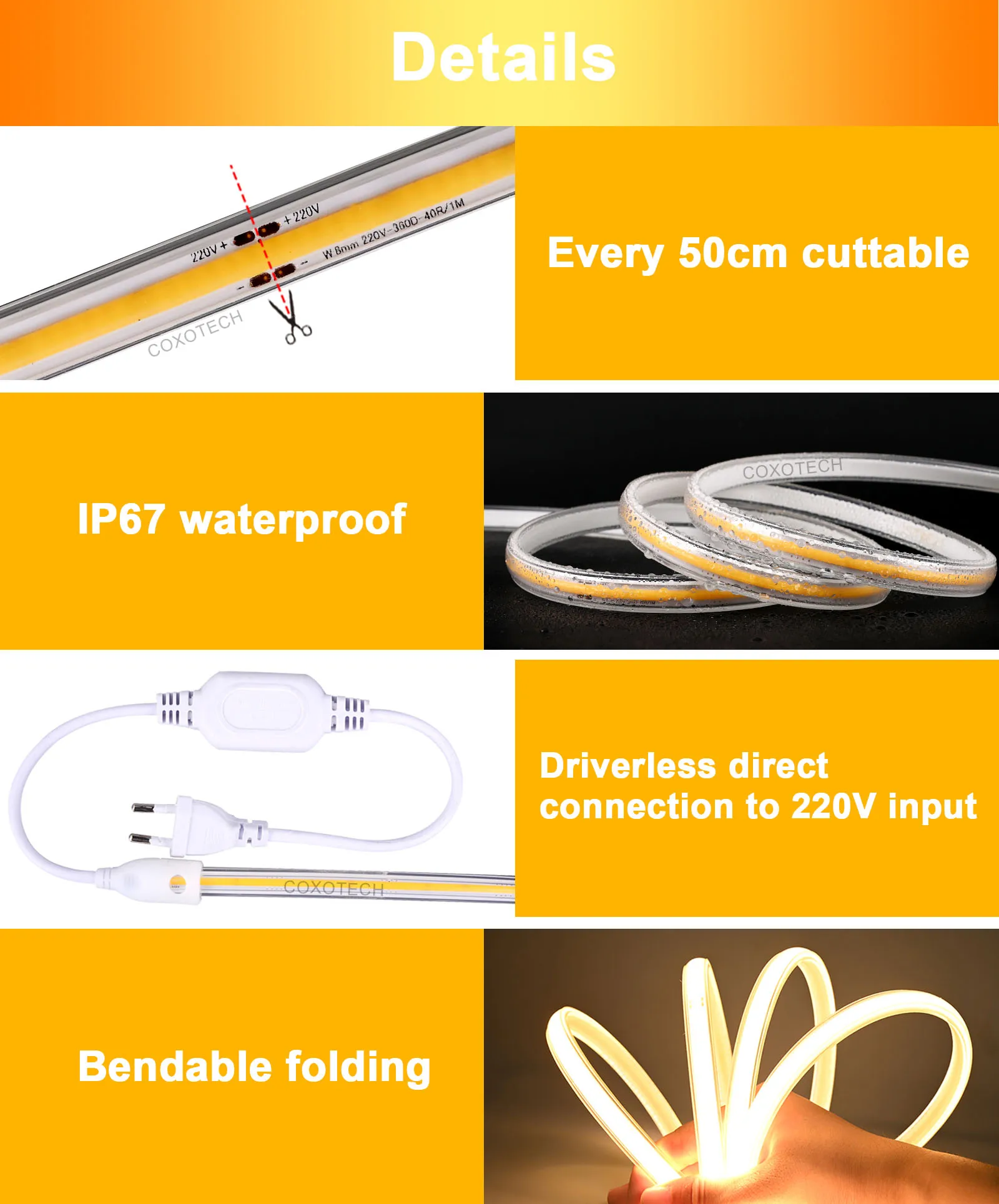 J2000-E AC 110V COB Led Strip Light COXO - 50000 Hours Lifespan