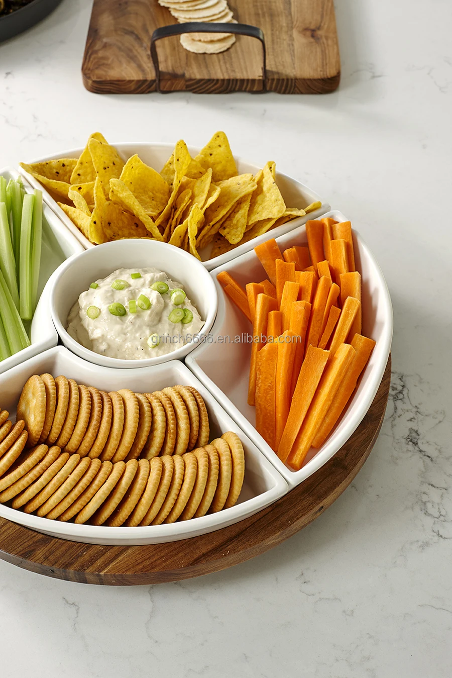 Wooden Ceramic Snack Spinning Server Tray Condiment Caddy Desert ...