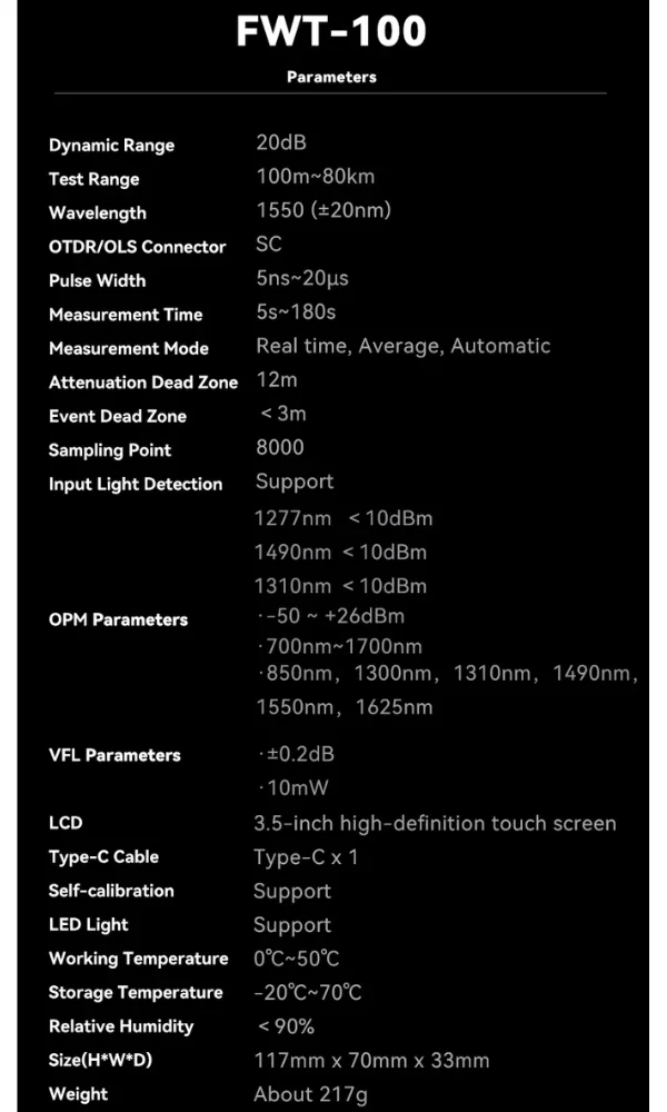 OFW OTDR FWT-100 - Active Fiber Live Test 1550nm 20db 80KM