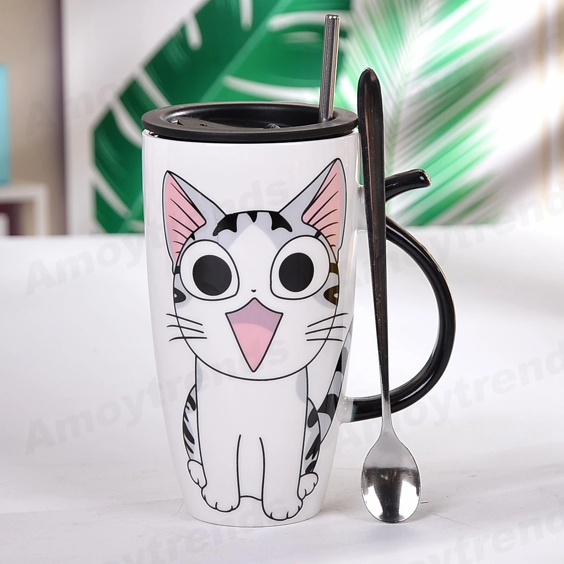 550ml Creative Cartoon Cat Mug With Straw Ceramic 18oz Office Casual ...