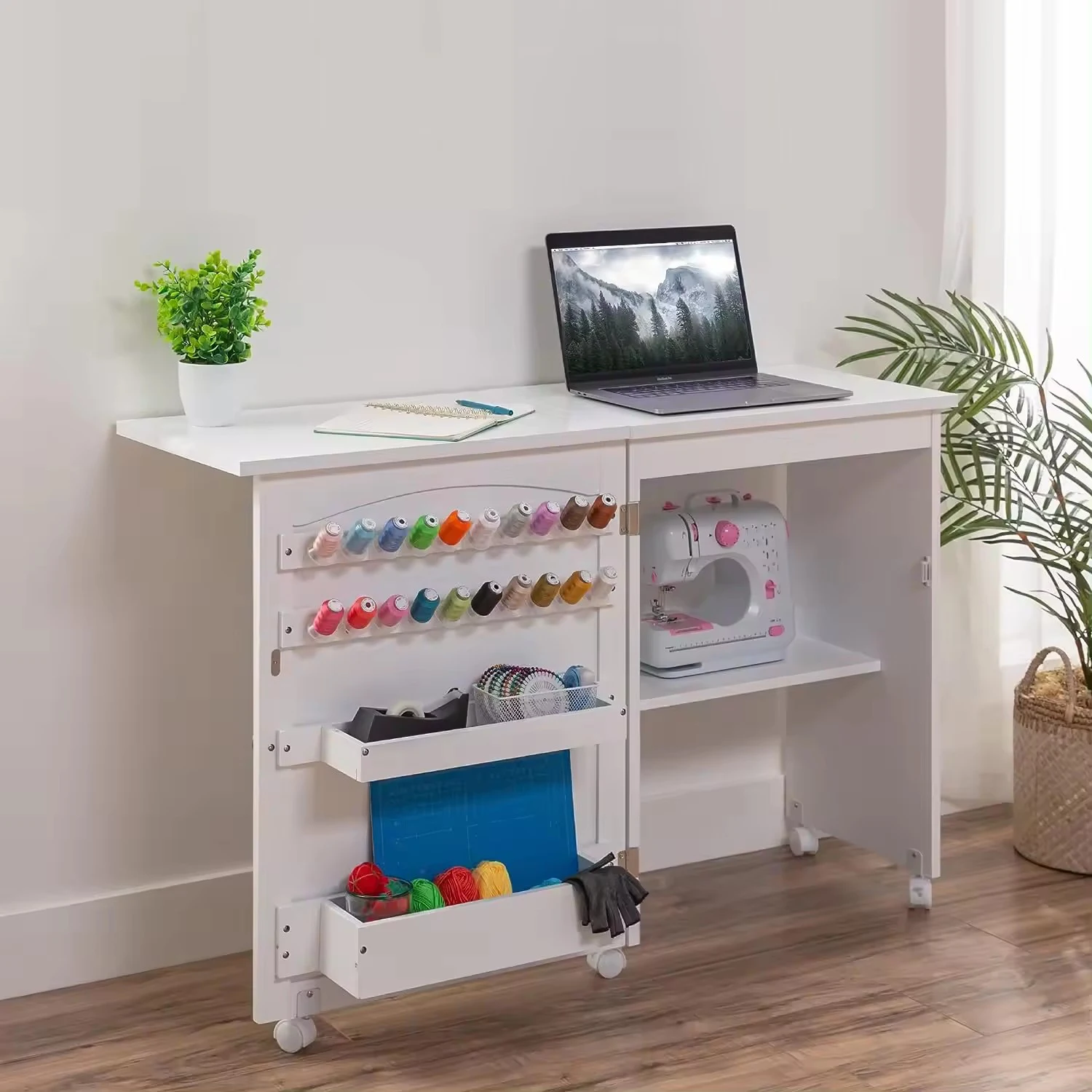 Living Room Table Folding Sewing Machine Table White Wood Sewing ...