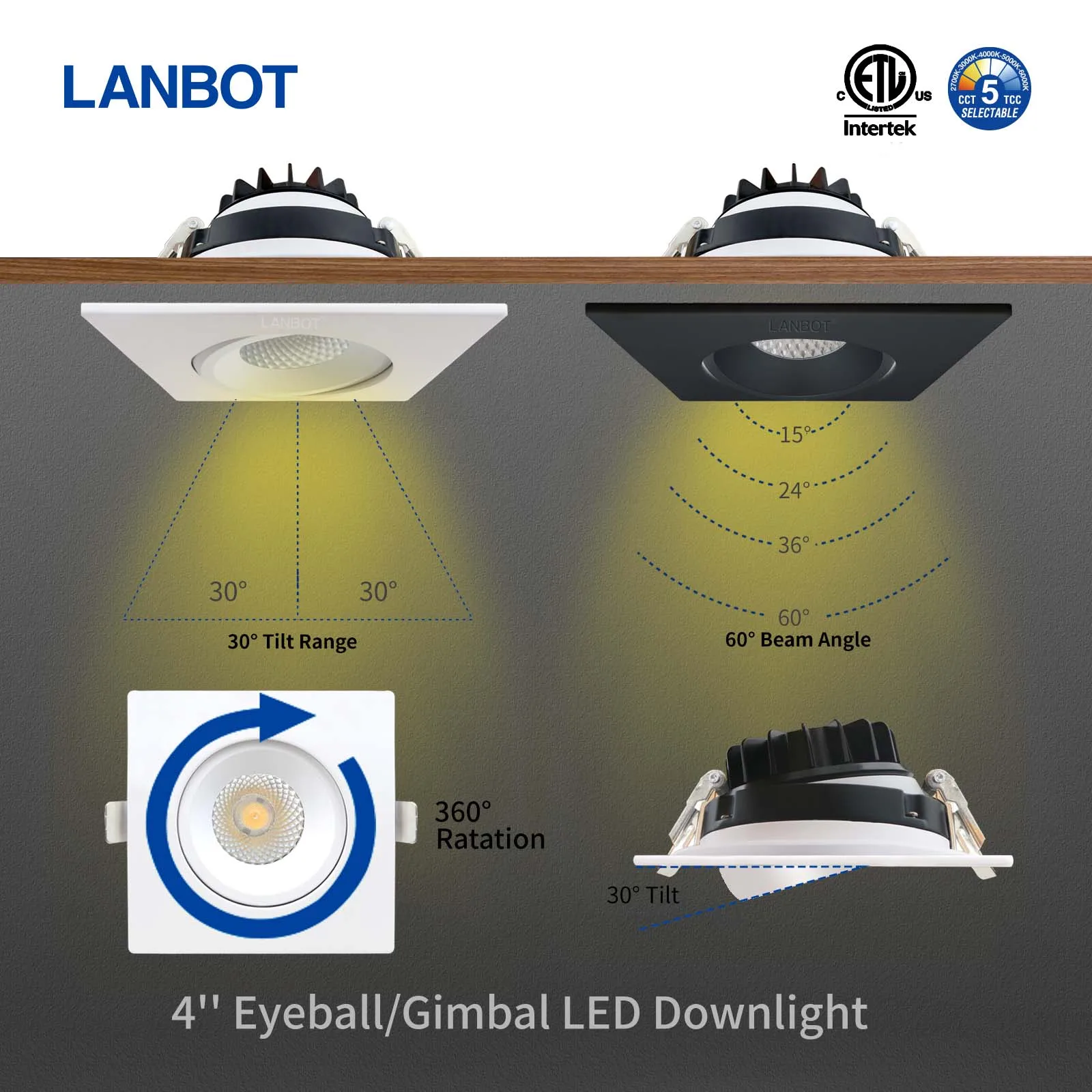 Etl 4 Inch Directional Recessed Led Gimbal Downlight Fixture Adjustable ...