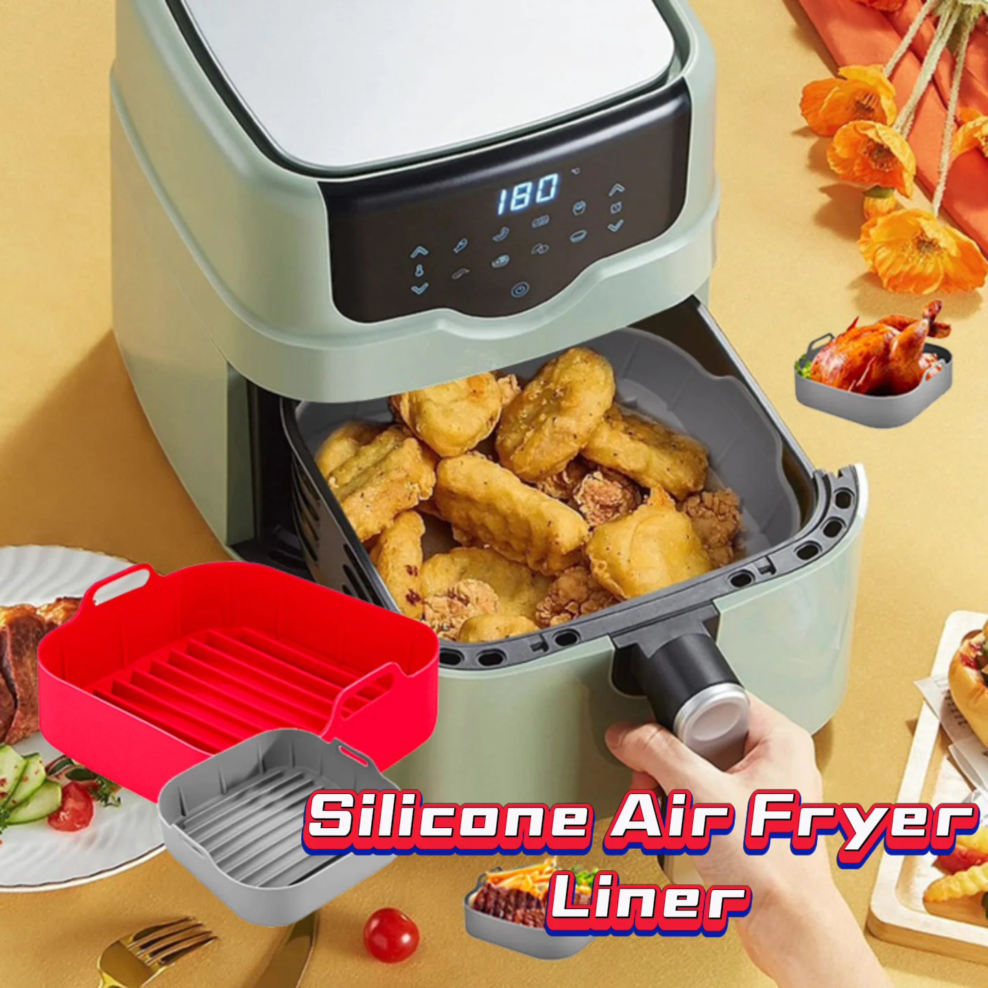 Square Air Fryer Silicone Liners 8.3 Inches Reusable Airfryer Silicone ...