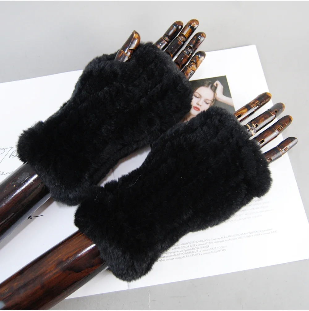 100% Real Genuine Knitted Rex Rabbit Fur Mittens Winter Warm Real Fur ...