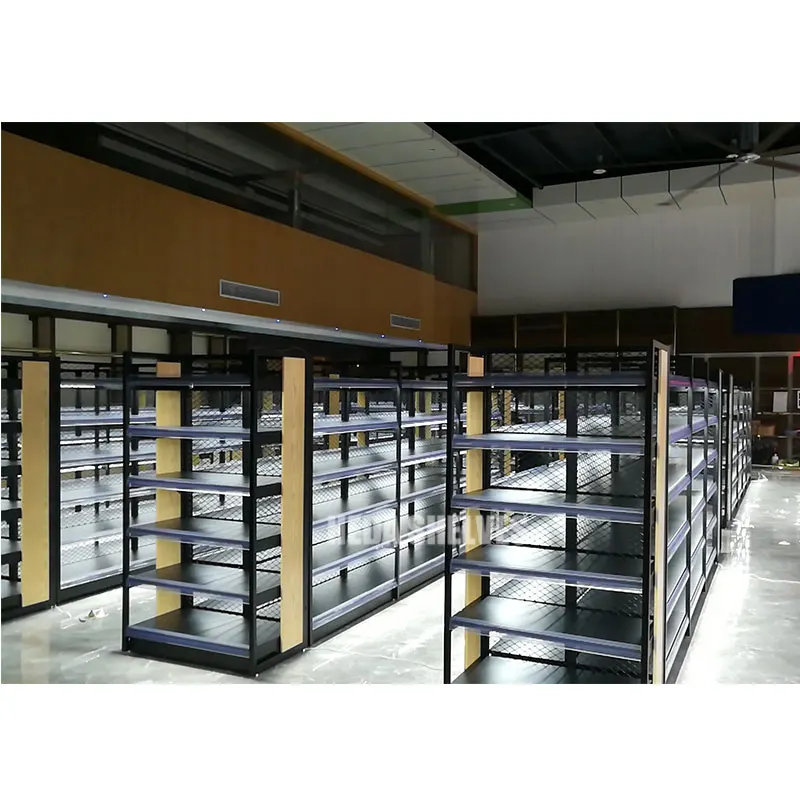 Versatile Black Gondola Shelving System With Integrated Light Bars for ...