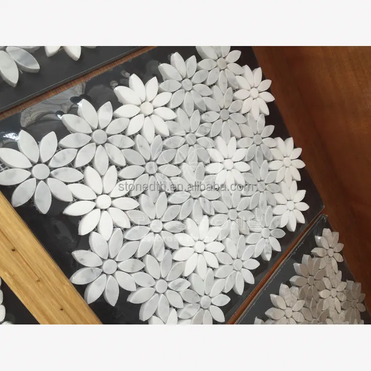 Thassos White Marble Mix Grey Marble Daisy Field Flower Waterjet Mosaic ...
