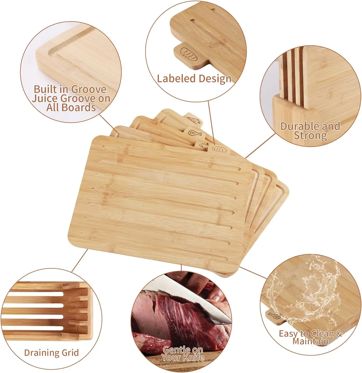 Bamboo Cutting Board Set of 4 - Eco-Friendly & Stylish