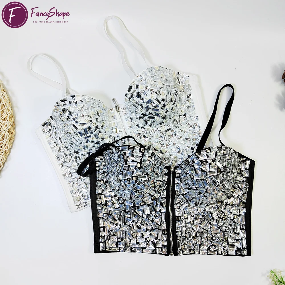 Women's Rhinestone Bustier Crop Top Sexy Zipper Front Corset Top Push Up Club Party Corset Top ...