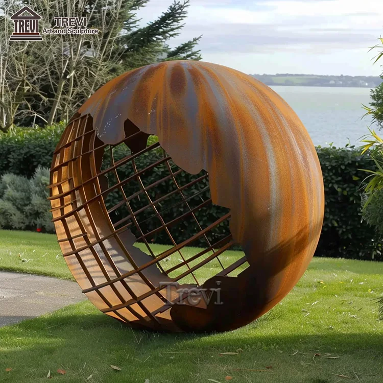 Contemporary Garden Corten Steel Sphere Sculpture Metal Rust Ball ...