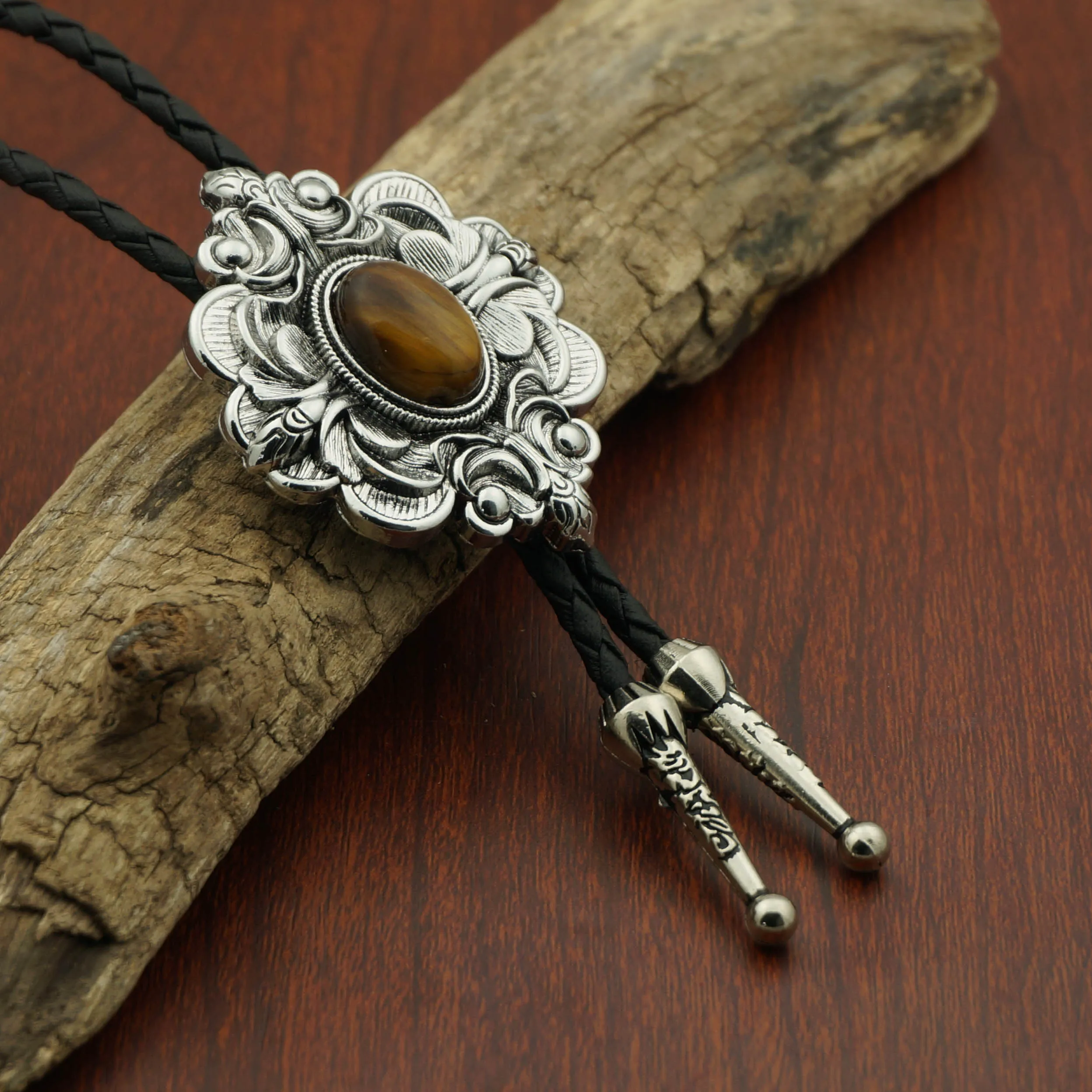 New Customized Bola Tie West Cowboy Alloy Necklace Adjustable Clip PU Leather Rope Blue Green Agate Large Bolo Pendant Jewelry Alibaba