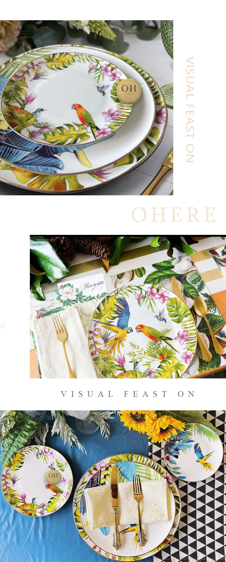 Tropical Rainforest 4pcs Plates Dinnerware Ceramic Bird and Plant ...
