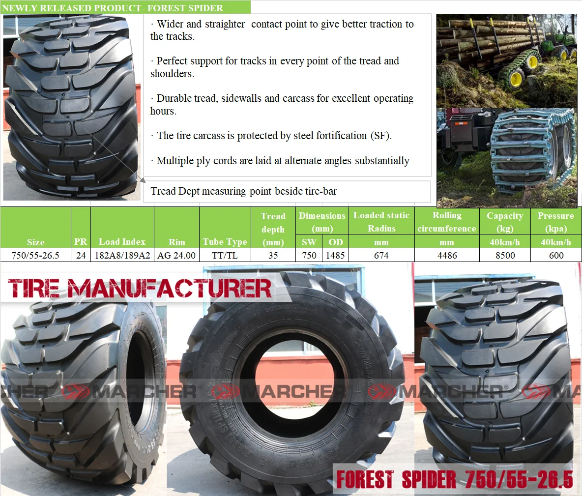 Marcher Brand Bogie Tire 750/55-26.5 With Tracks In Forest Spider ...
