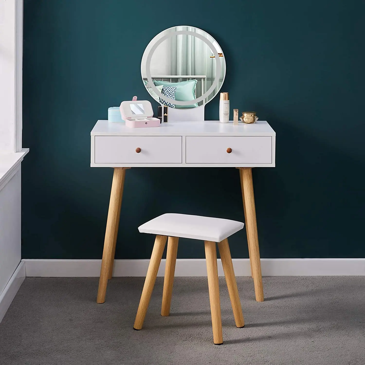 White Dressing Table with LED Lights - Perfect for Girls