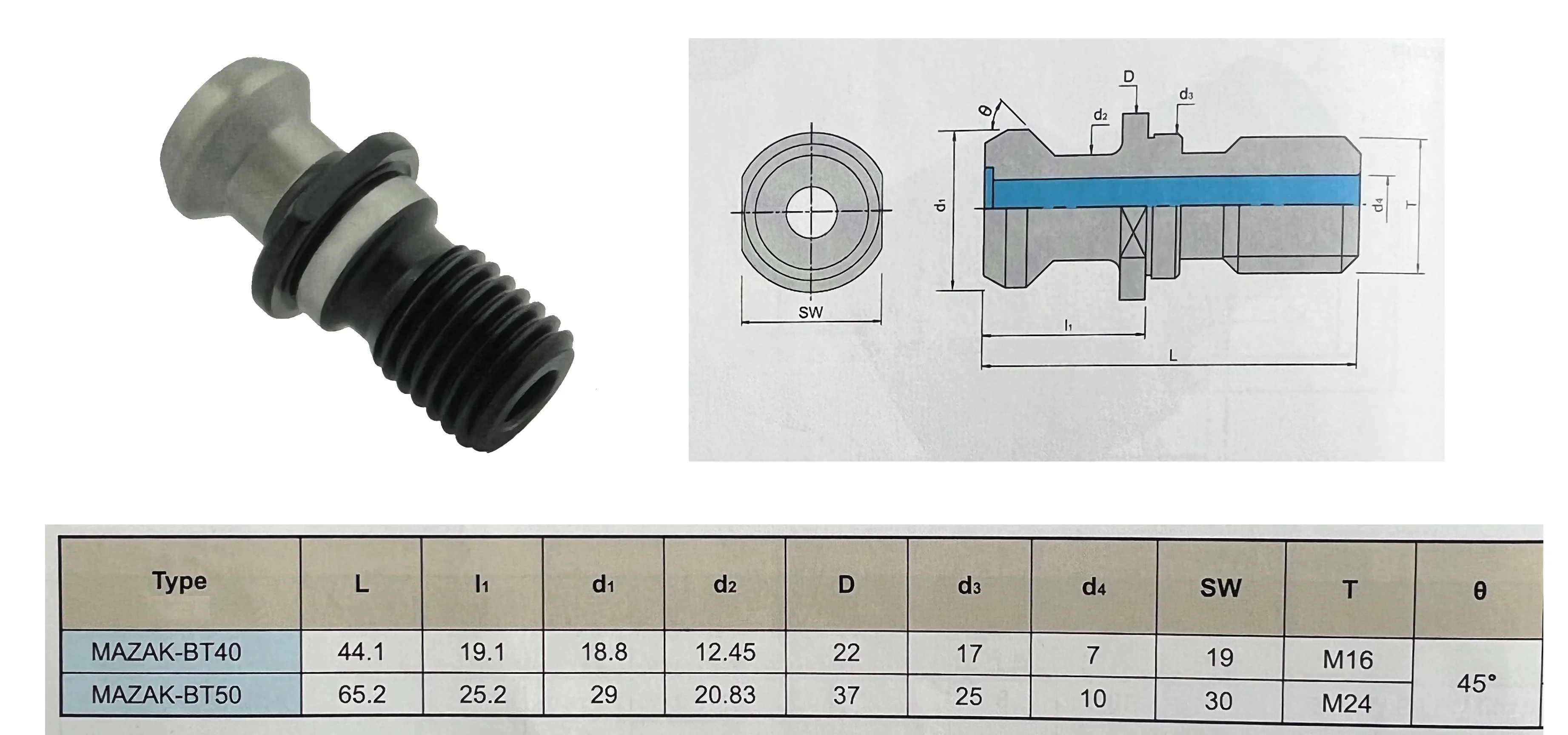 BT30 BT40 BT50 Spindle with 45 Degree Outer Screw Pull Stud Clamp