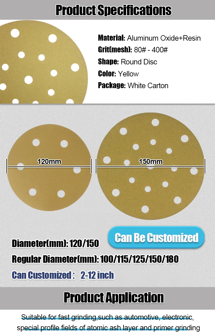 Self-adhesive Yellow 6 Holes Sand Disc Sandpaper 120mm Hook And Loop ...