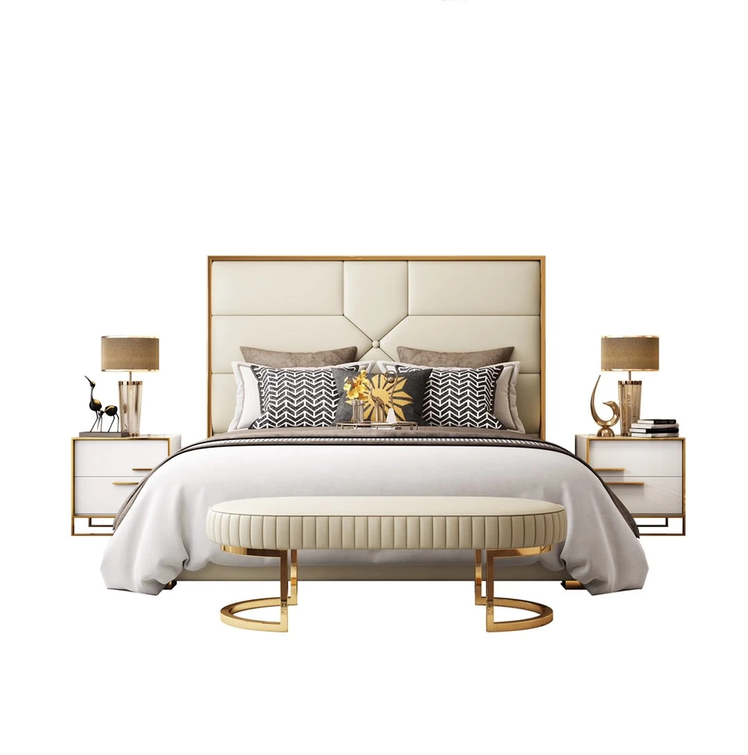 Modern Luxury Furniture Bedroom Suit Bed Stainless Steel Leather Bed ...